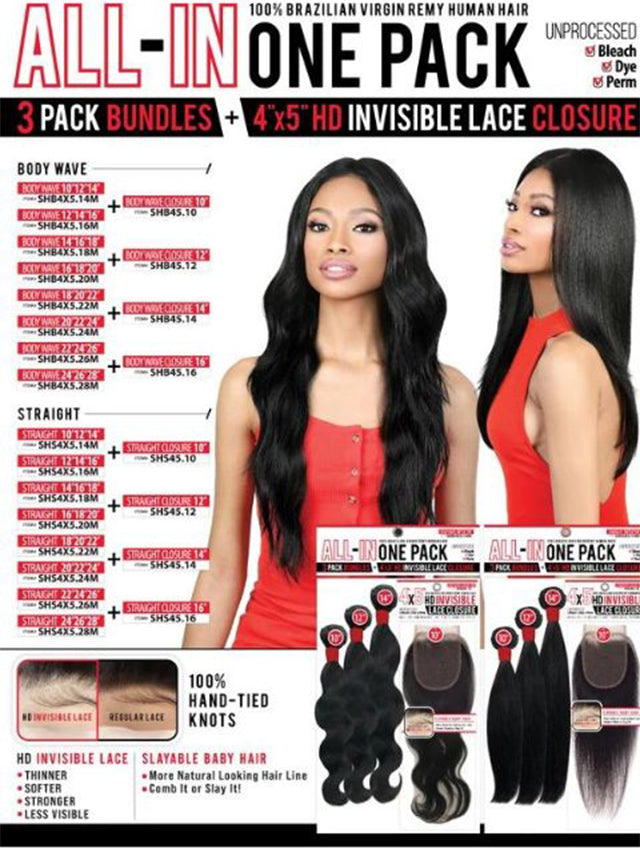 Seduction 100% Human Hair 3X Bundle 4"x5" HD Closure STRAIGHT" (SHS4X5 ...